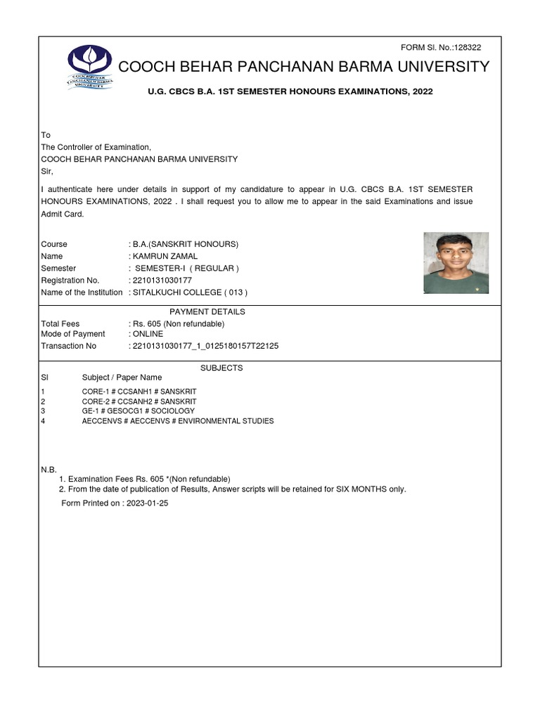 Cooch Behar Panchanan Barma University: U.G. Cbcs B.A. 1St Semester Honours Examinations, 2022 ...