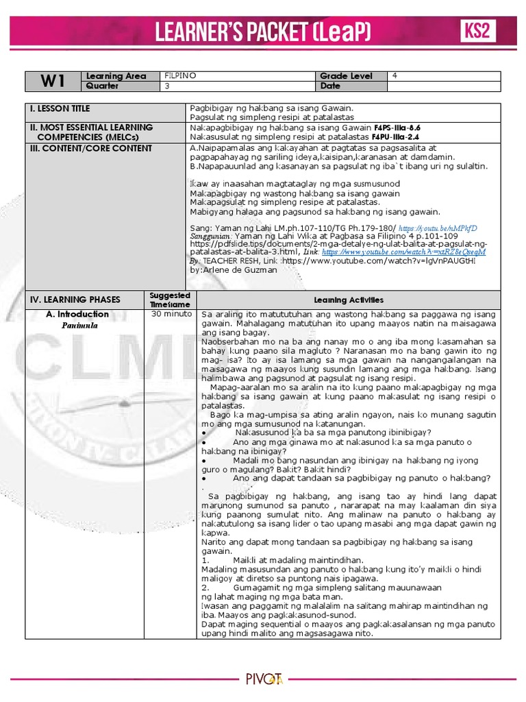 LeaP Filipino G4 Week 1 Q3 | PDF