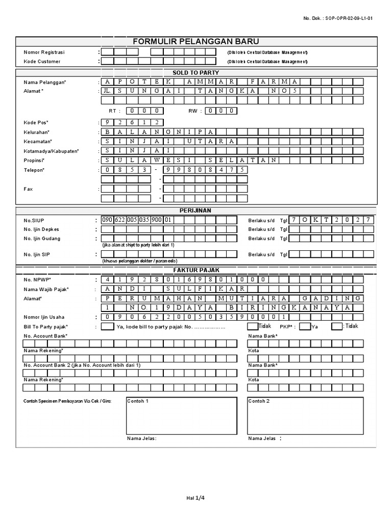 Lampiran SOP OPR 02 09 L1 01 Formulir Pelanggan Baru | PDF