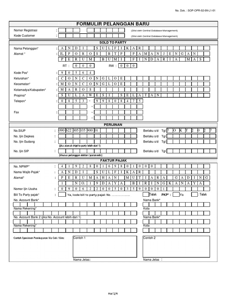 Formulir Pelanggan Baru PBF SUSU | PDF