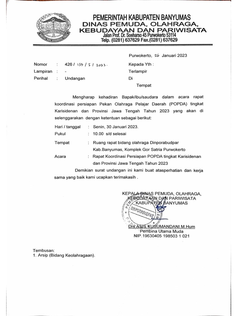 Surat Undangan Rakor Popda Tingkat Kare Dan Prov THN 2023 | PDF