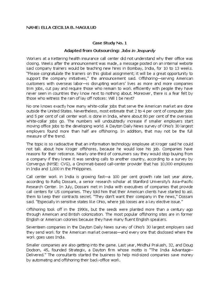 Case Study No. 1 | Download Free PDF | Outsourcing | Offshoring