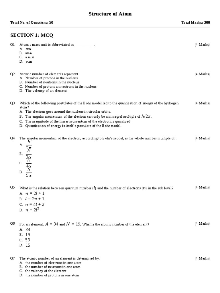 Section 1: MCQ: Structure of Atom | PDF | Electron | Atoms