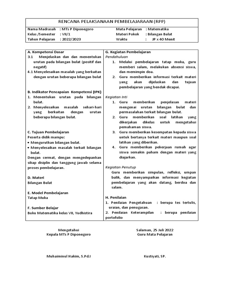 RPP Kelas 7 SMT Ganjil 2022-2023 | PDF