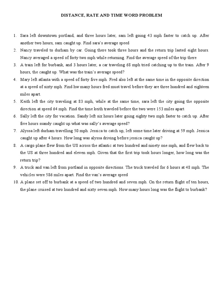 Distance, Rate, and Time Problems | PDF