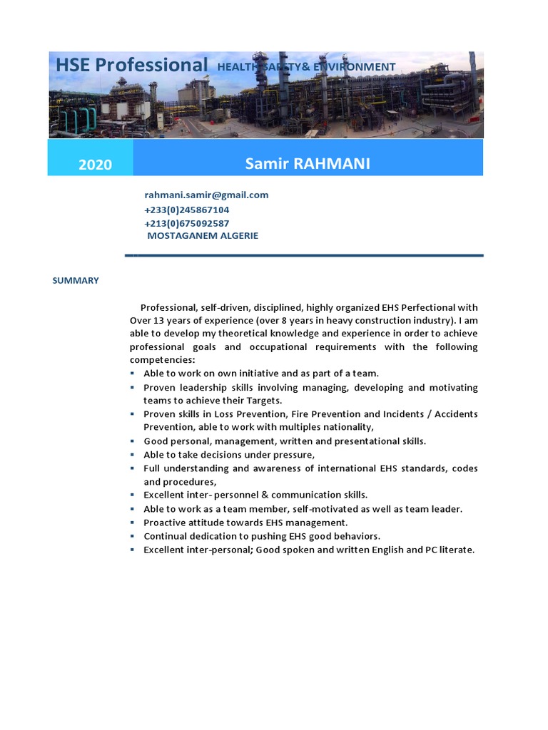 Samir Rahmani: EHS Professional Profile | PDF | Risk Assessment | Audit