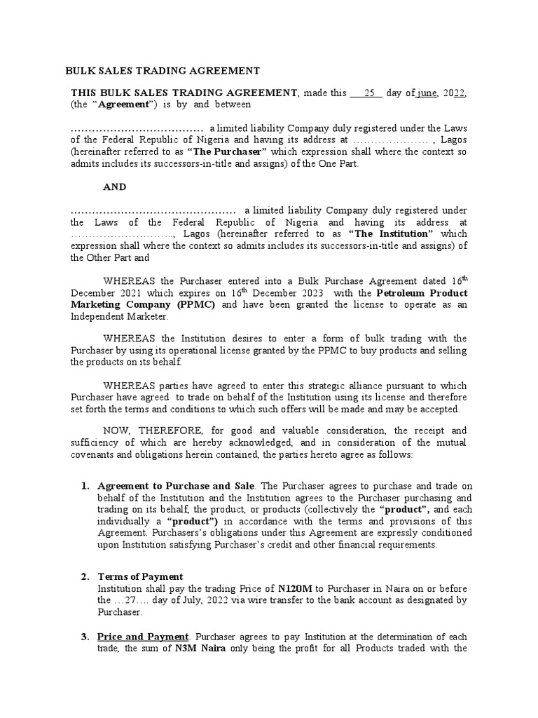 Bulk Sales Trading Agreement | PDF