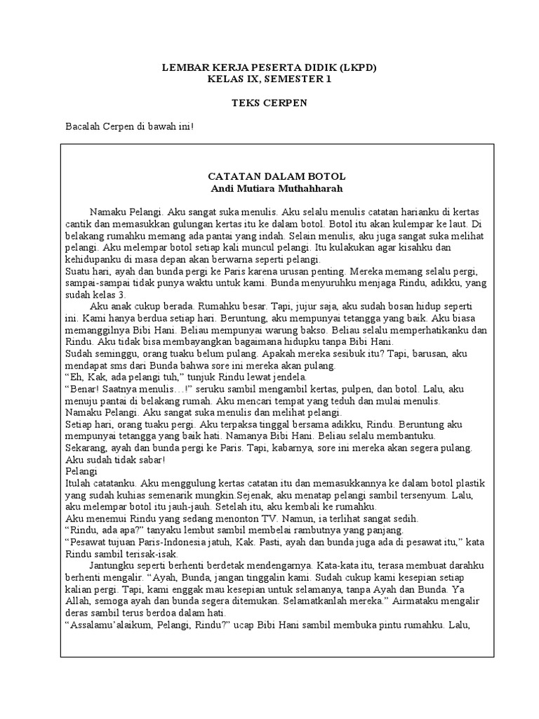 LKPD Cerpen | PDF | Puisi | Fiksi Misteri, Thriller, & Kejahatan