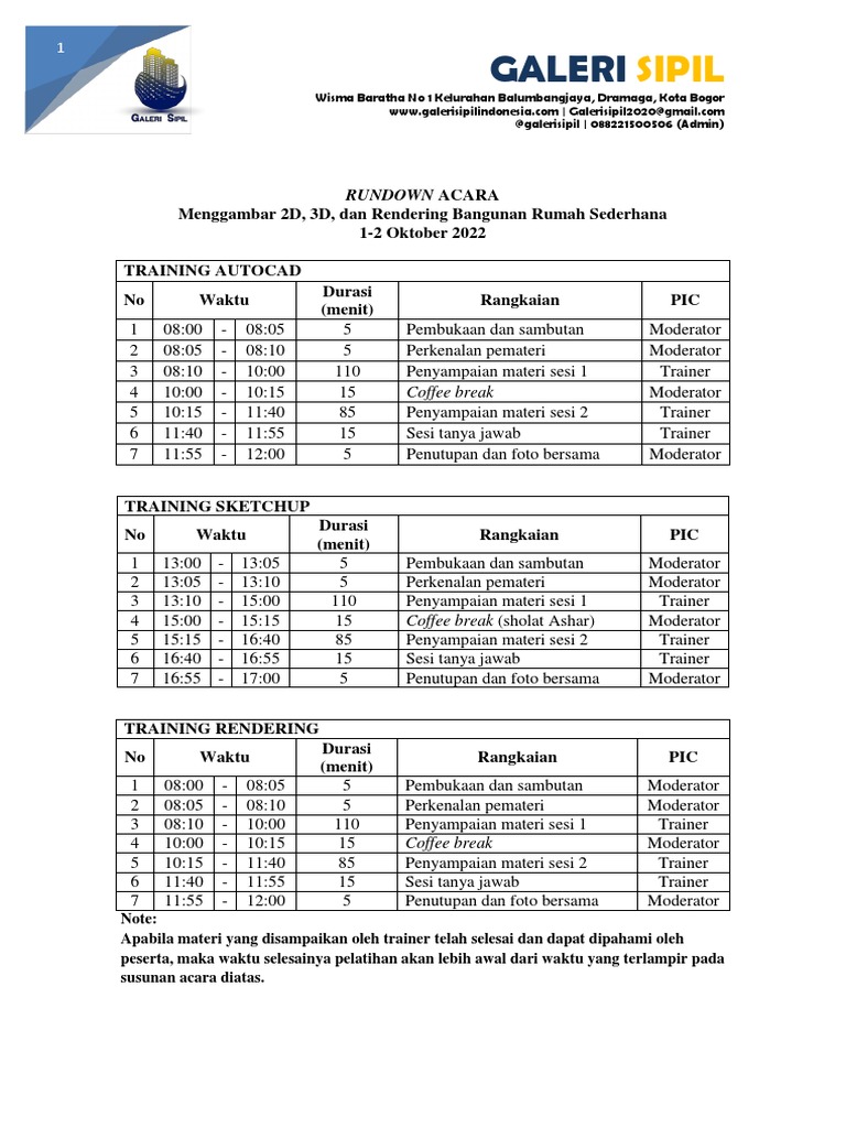 Rundown Acara Training Galeri Sipil | PDF