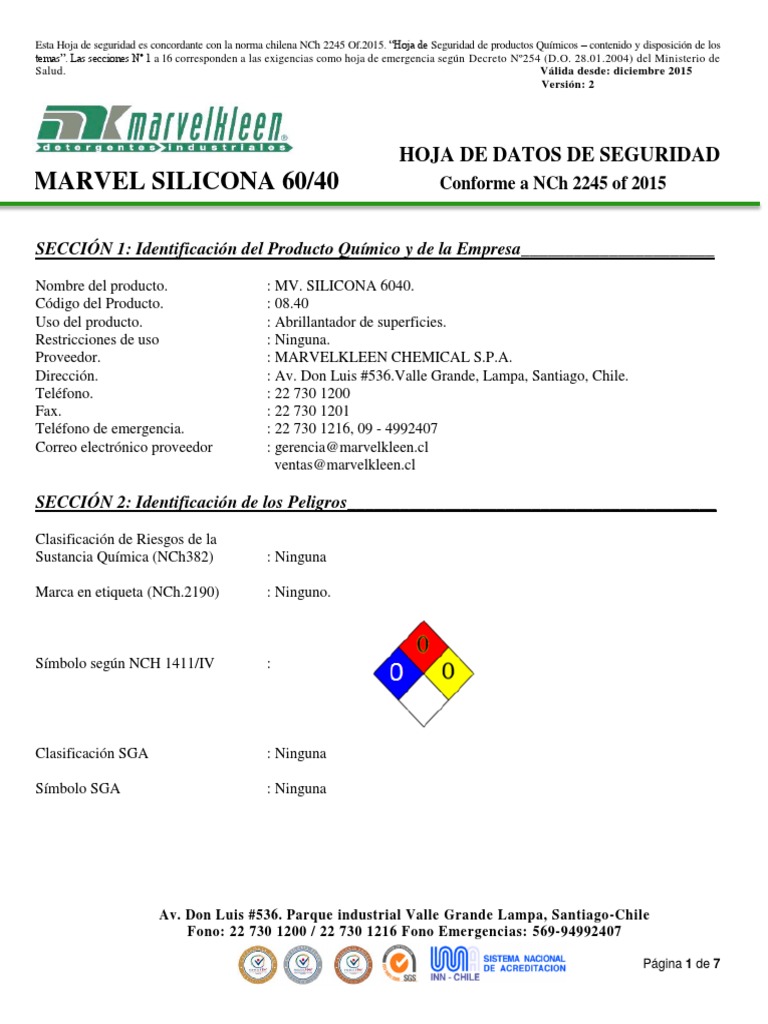 Hoja de Seguridad Silicona Marvelkleen 6040 | PDF | Agua | Residuos