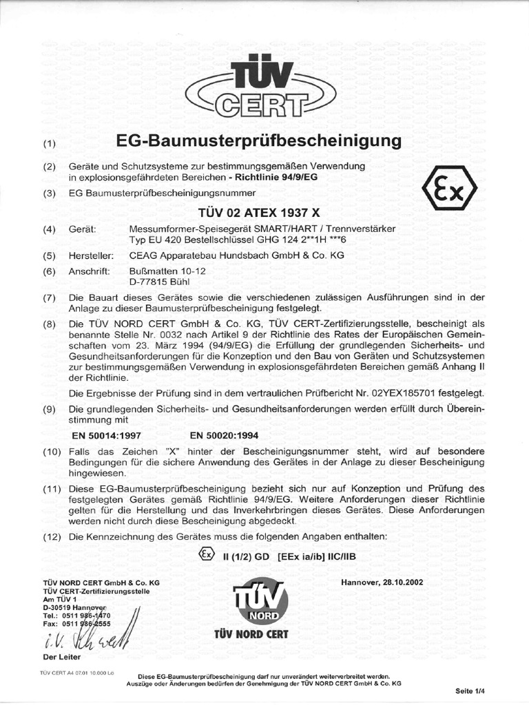 Abb Digitable Ceag Barrier CSC 420 Tüv 02 Atex 1937 X | PDF