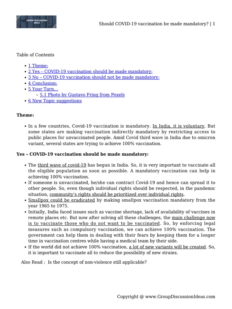 Should COVID-19 Vaccination Be Made Mandatory | PDF | Vaccination ...