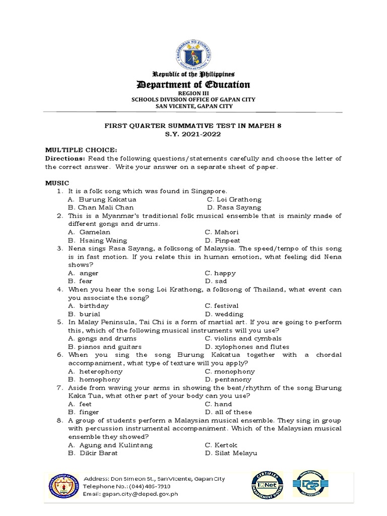 1st Quarter MAPEH 8 Summative Test Final | PDF | Physical Fitness