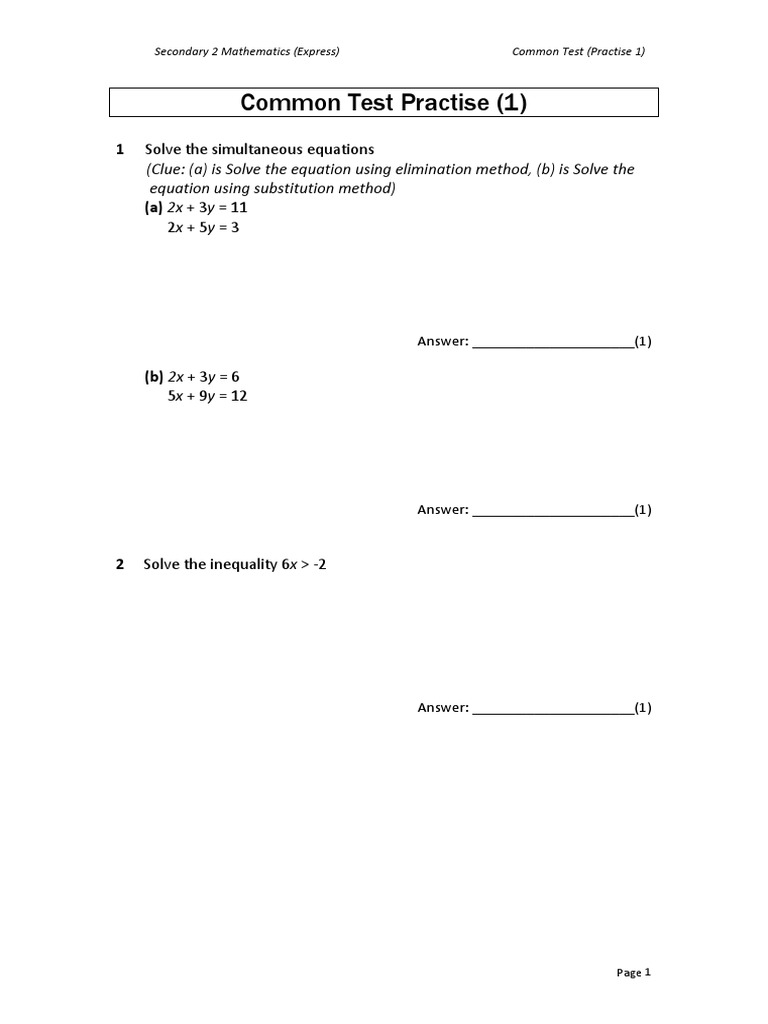 Secondary 2 Express Mathematics (Common Test Practise (1) ) 2023 | PDF ...