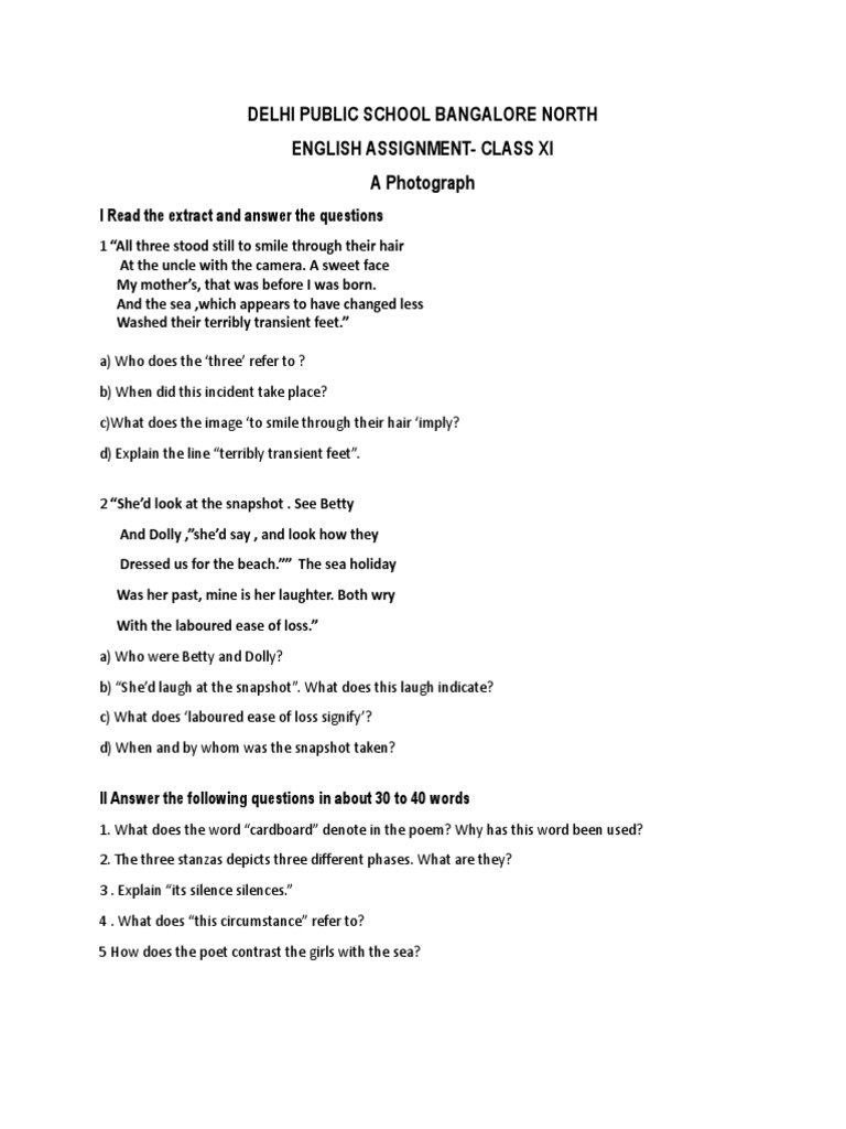 Class 11 English Assignment: A Photograph | PDF | Poetry