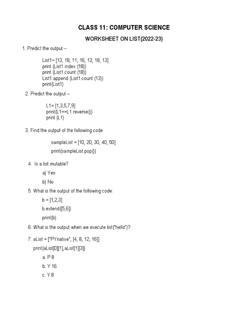 Class 11: Computer Science: WORKSHEET ON LIST (2022-23) | PDF | Computer Engineering | Computer ...