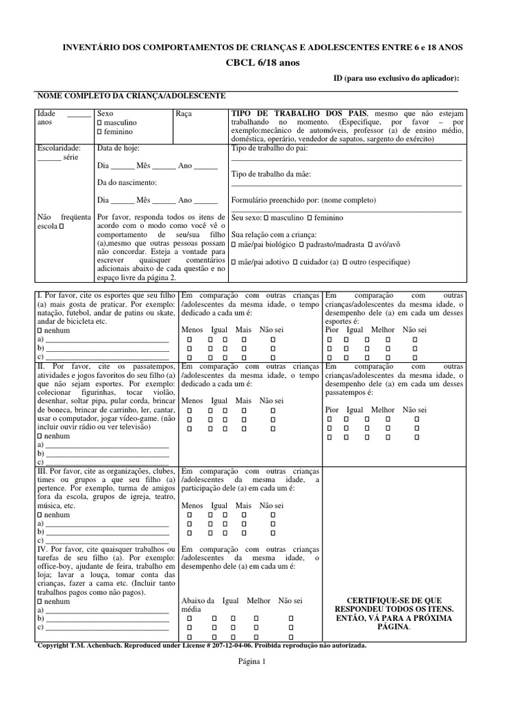 Teste CBCL 6 A 18 Anos | Download grátis PDF | Fases da vida humana ...