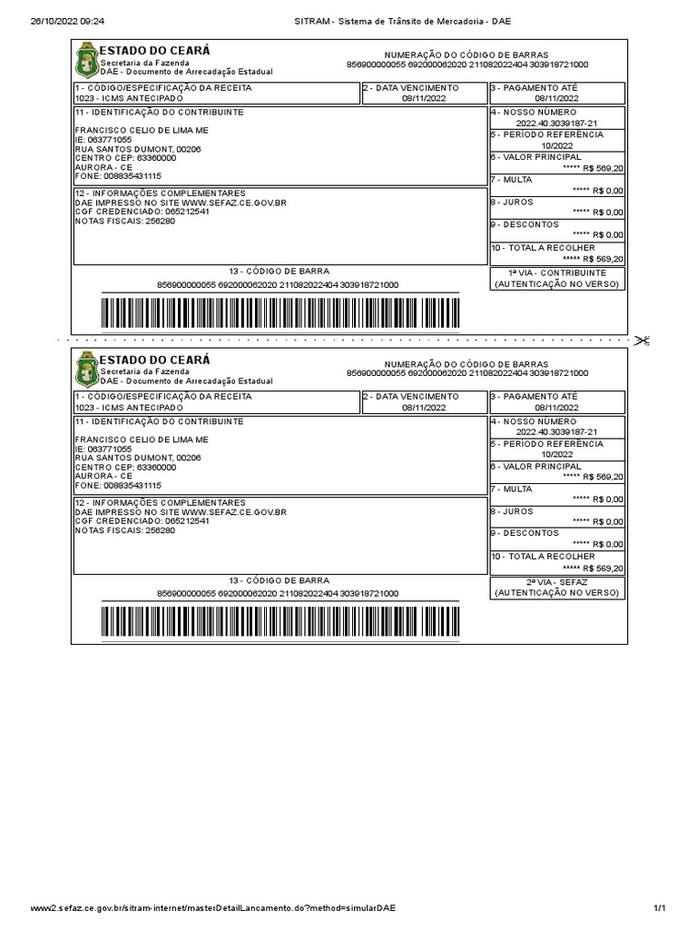 Documento de Arrecadação Estadual (DAE) para pagamento de ICMS ...