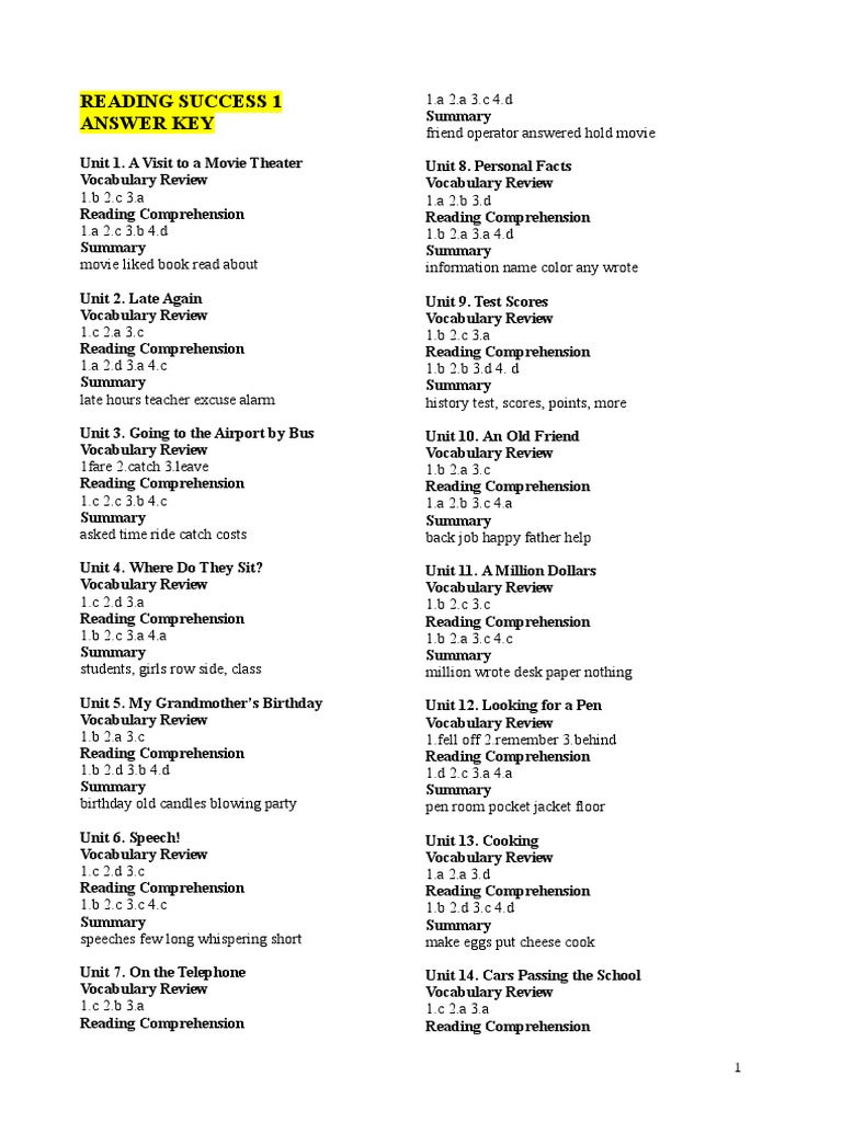 Reading Success 1 Answer Key | PDF | Reading Comprehension