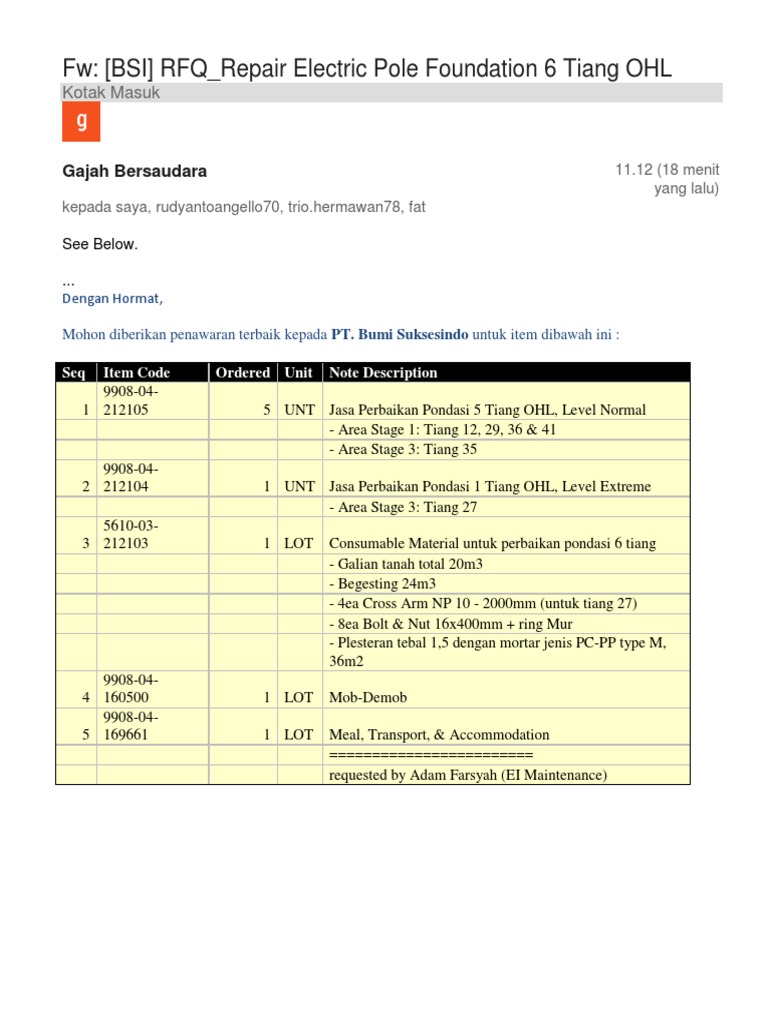 Repair Electric Pole Foundation 6 Tiang OHL | PDF