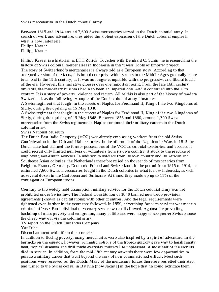 Swiss Mercenaries in Dutch Colonies | PDF | Colonialism | Mercenary