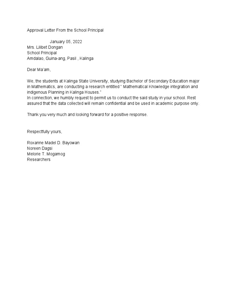 Approval Letter From The School Principal | PDF