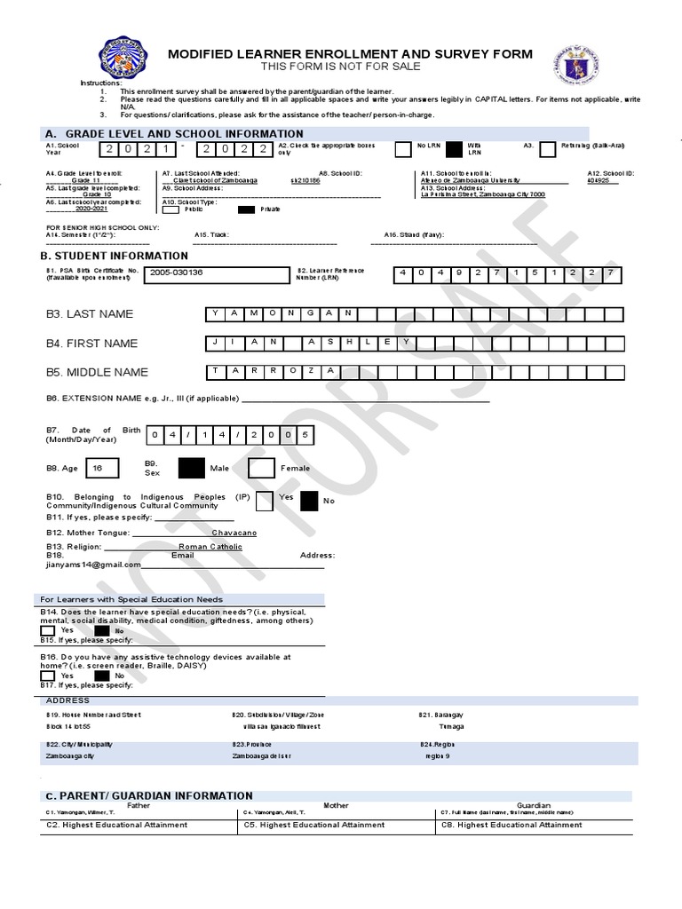 Annex B Modified Learner Enrollment and Survey Form English Yamongan ...