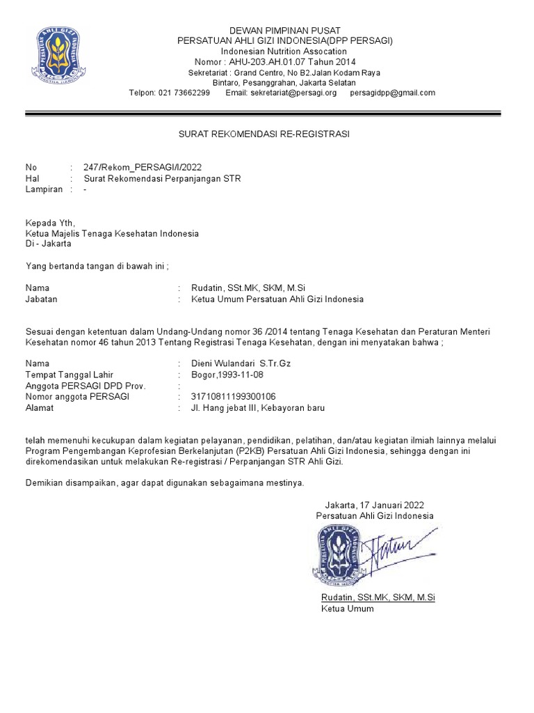 Rekomendasi Re-registrasi STR Ahli Gizi | PDF