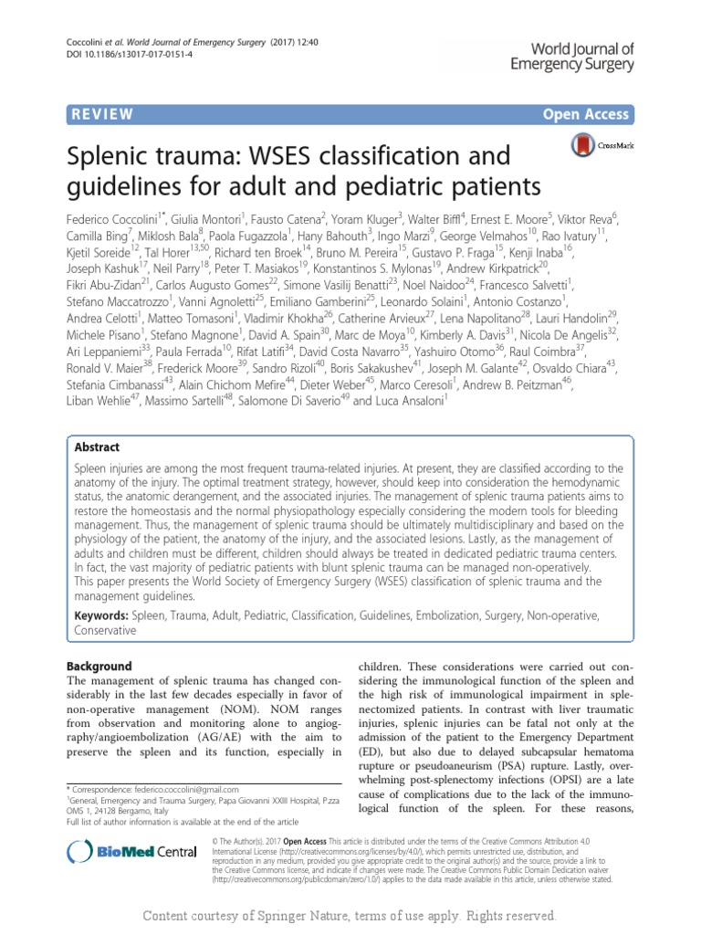 Splenic Trauma WSES Classification and Guidelines | PDF | Major Trauma ...