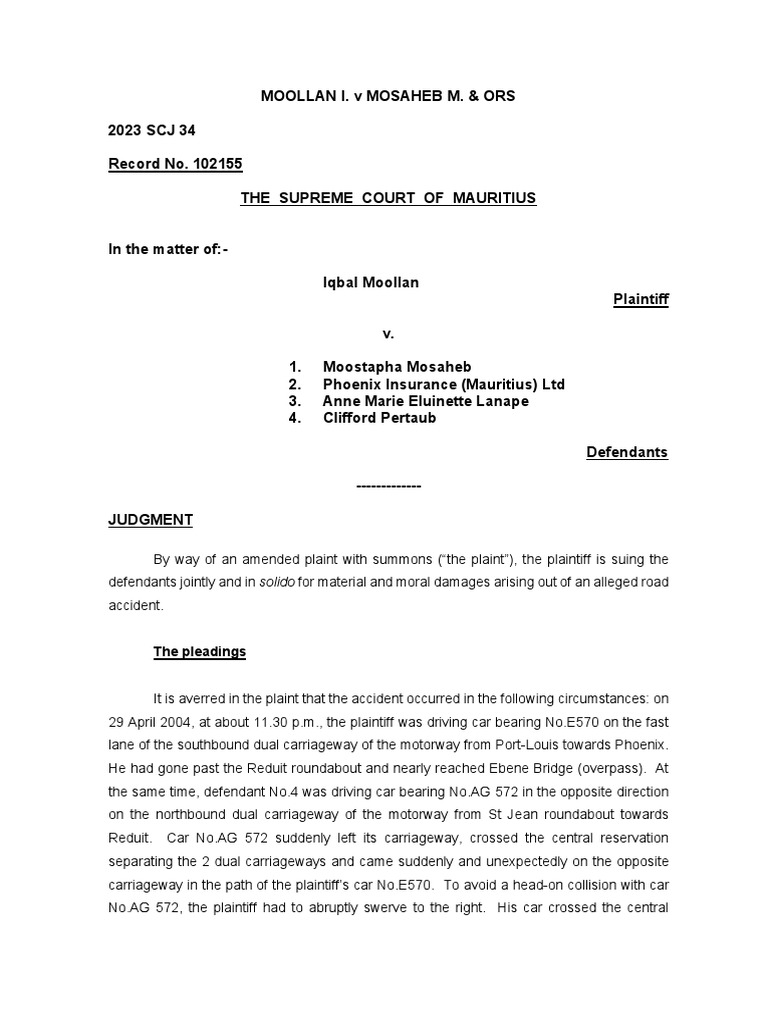 Moollan I. V Mosaheb M. & Ors | PDF | Damages | Legal Liability