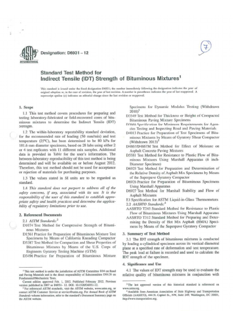 ASTM 6931-12 Standard For Indirect Tensil Strength | PDF