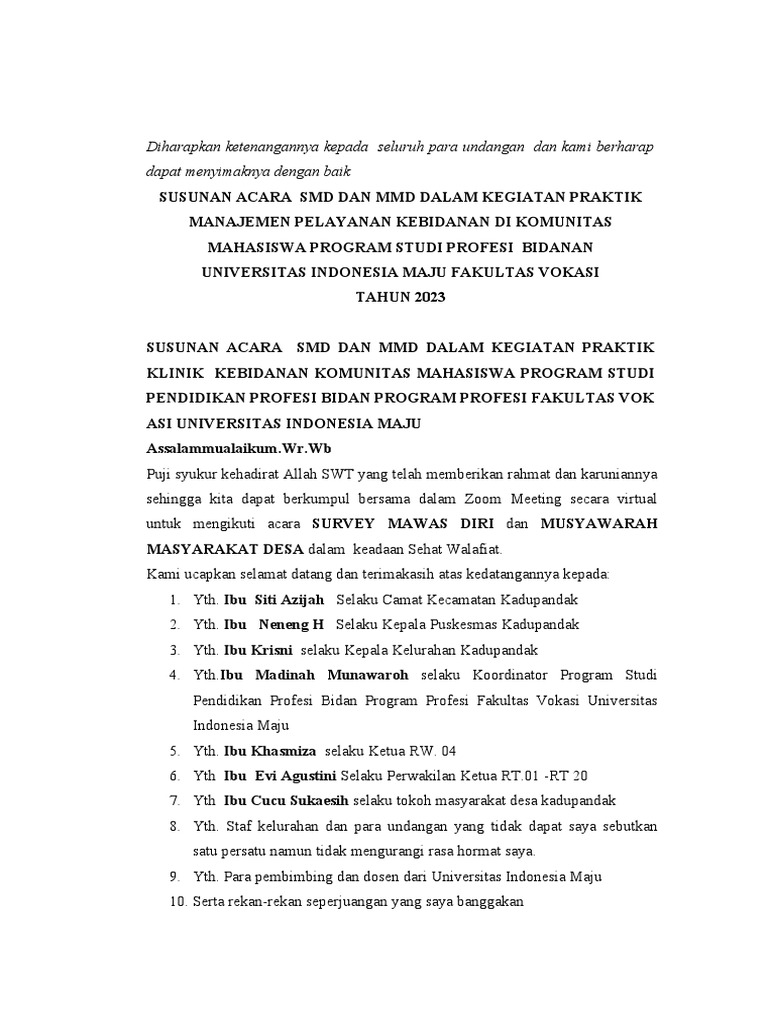 SUSUNAN ACARA SMD MMD Stasen 7 Desa Kadupandak-Cianjur | PDF