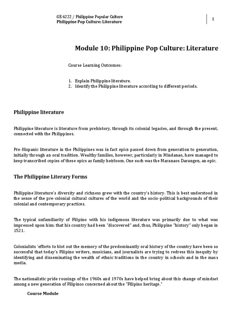 W8 - Module 0010 - Philippine Pop Culture - Literature PDF | PDF ...