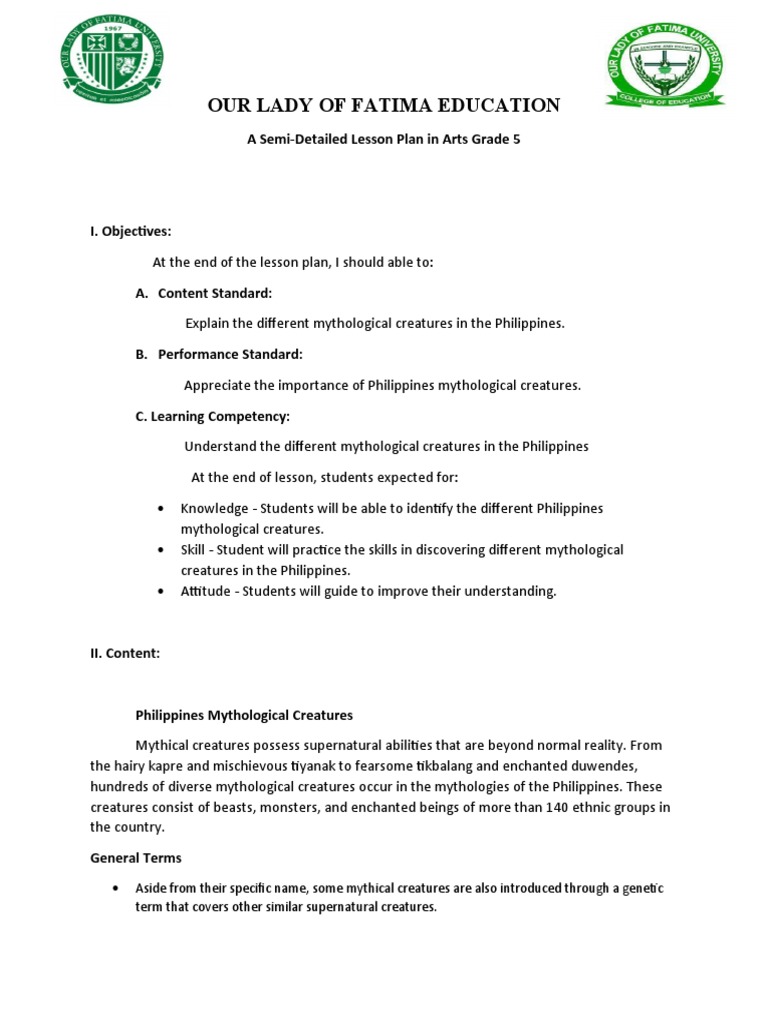 Demo Teaching Lesson Plan in Arts | PDF | Supernatural Legends | Folklore