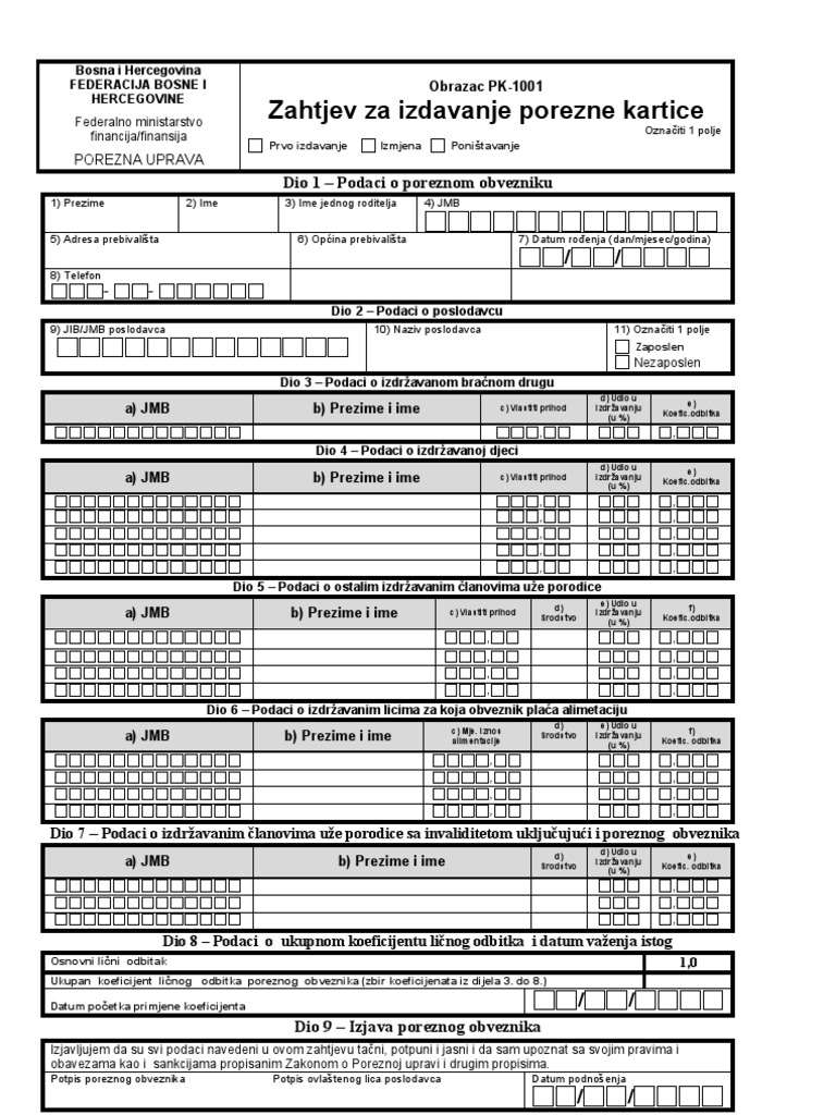Novi Obrazac PK1001 Bos | PDF