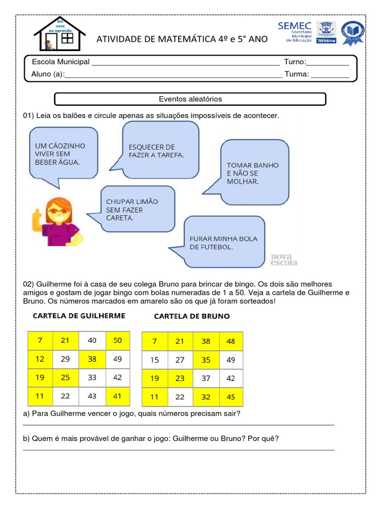 Atividades de Probabilidade 4º Ano | PDF | Esportes e Recreação