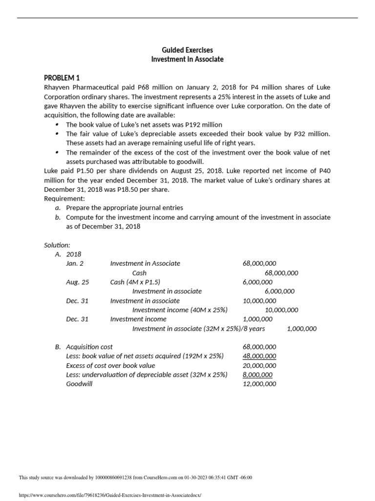 Guided Exercises Investment in Associate | PDF | Book Value | Goodwill ...