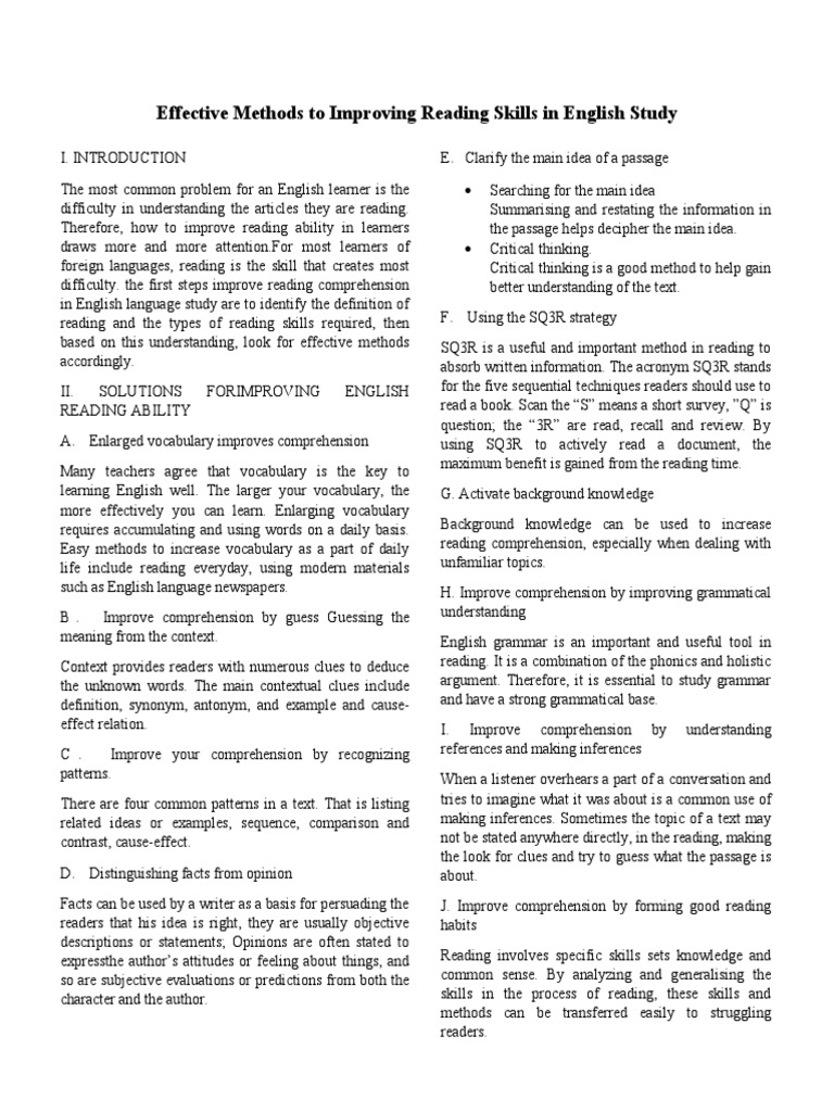 Effective Methods To Improving Reading Skills in English Study | PDF ...