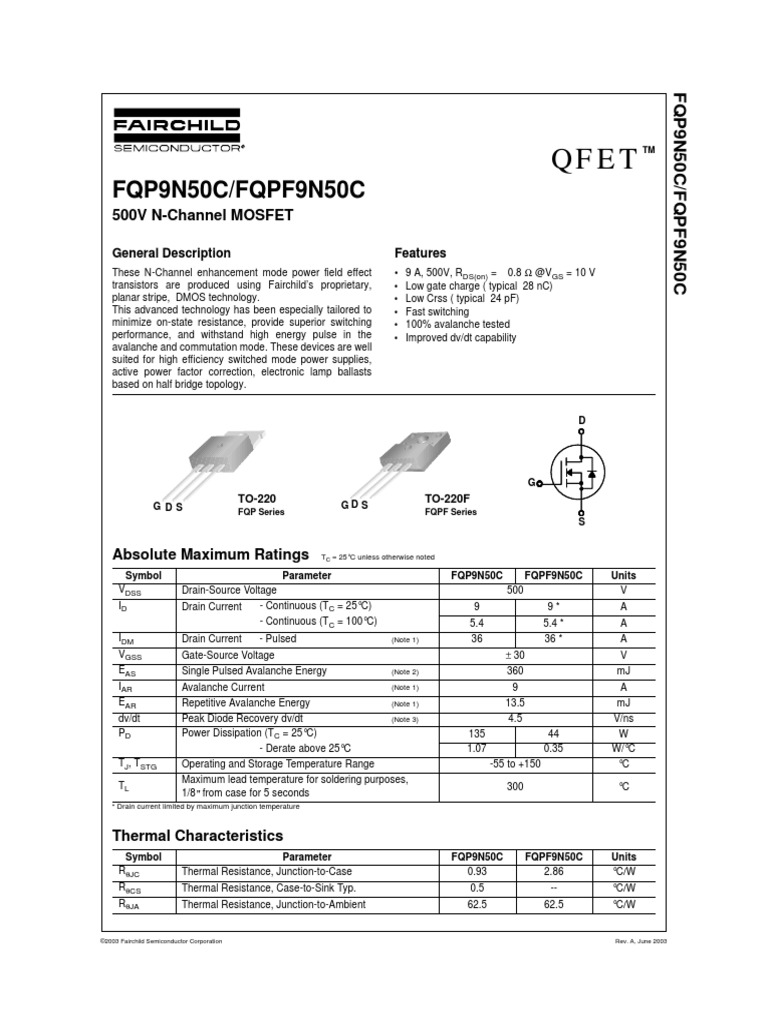 FQP9N50C | PDF | Field Effect Transistor | Diode