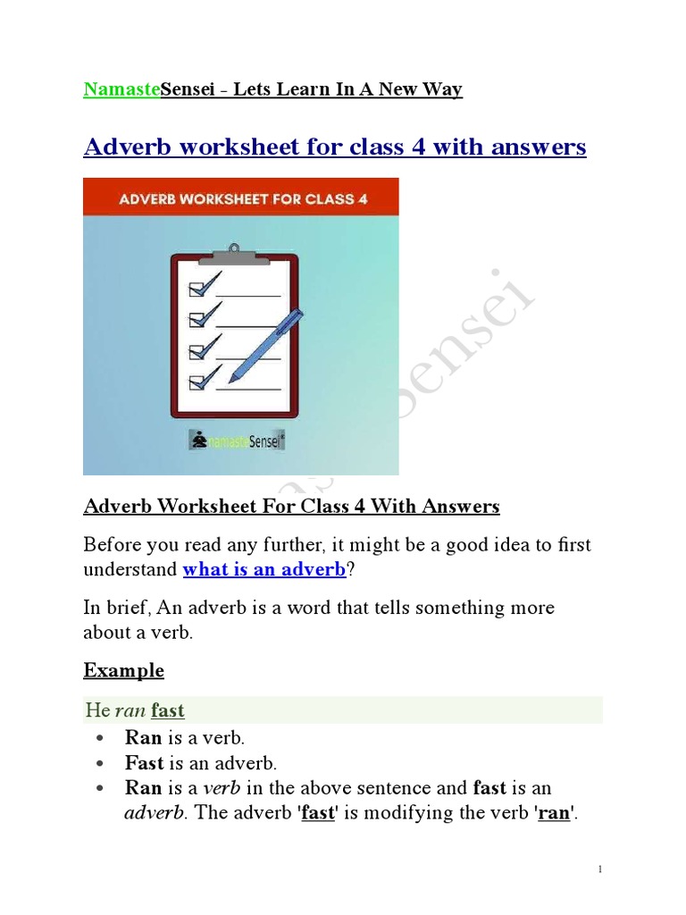 Adverb Worksheet For Class 4 With Answers | PDF | Adverb | Verb