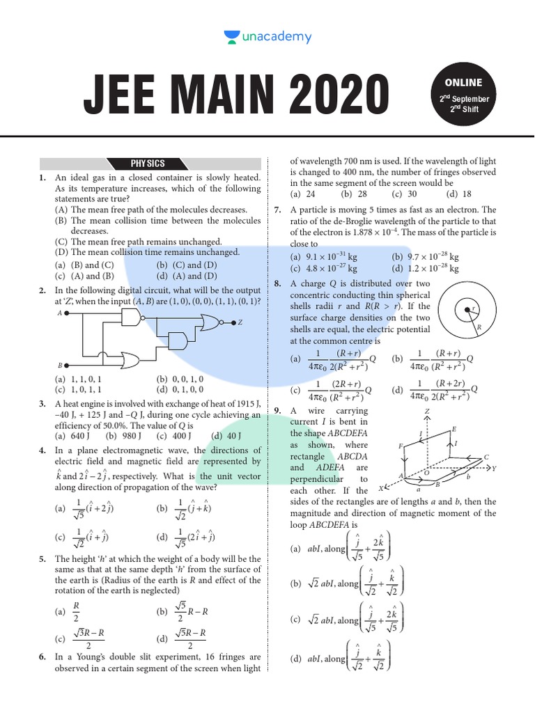 JEE Main 2020 Physics Questions | PDF | Inductor | Adsorption