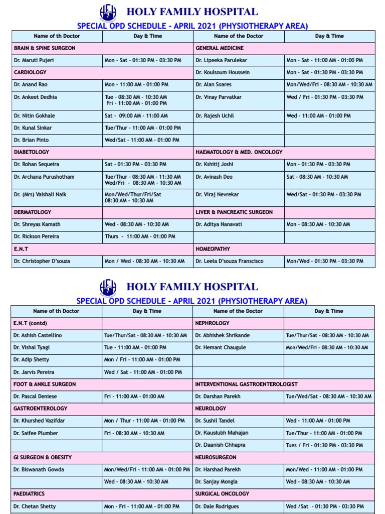 Holy Family Hospital OPD Schedule April 2021 | PDF | Health Care ...