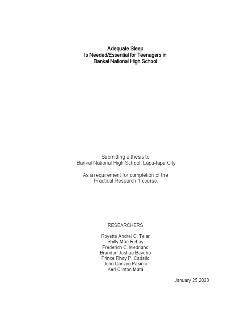 Adequate Sleep Is Needed/Essensial For Teensagers in Bankal National Highschool | PDF | Survey ...