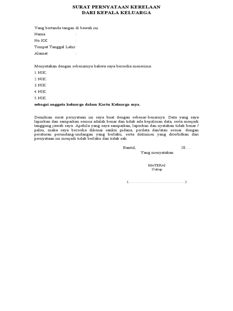 Surat Pernyataan Rela KK Ditumpangi | PDF | Hukum