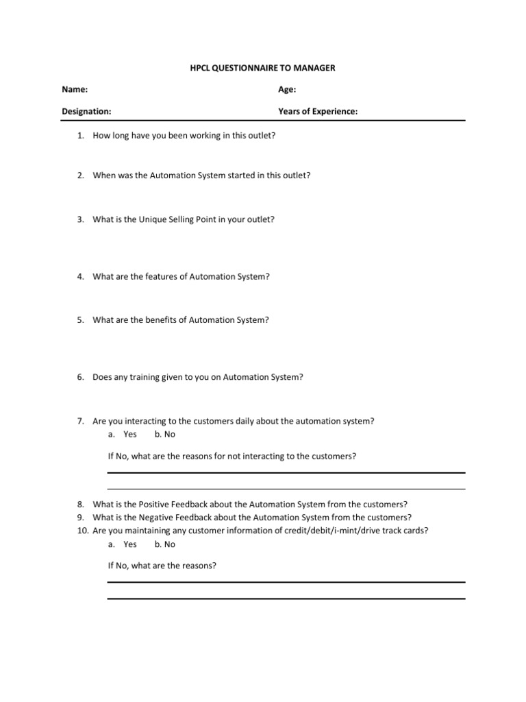 HPCL Questionnaire | PDF