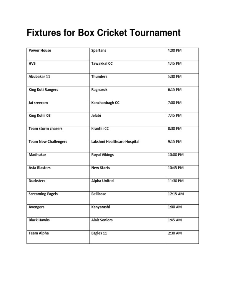 Fixtures For Box Cricket Tournament | PDF