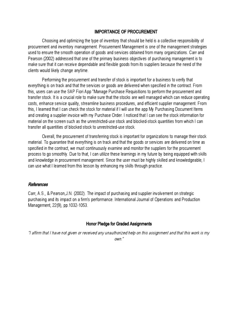 Assignment 2.2 - Reflection Paper Importance of Procurement - Transfer of Stock | PDF ...