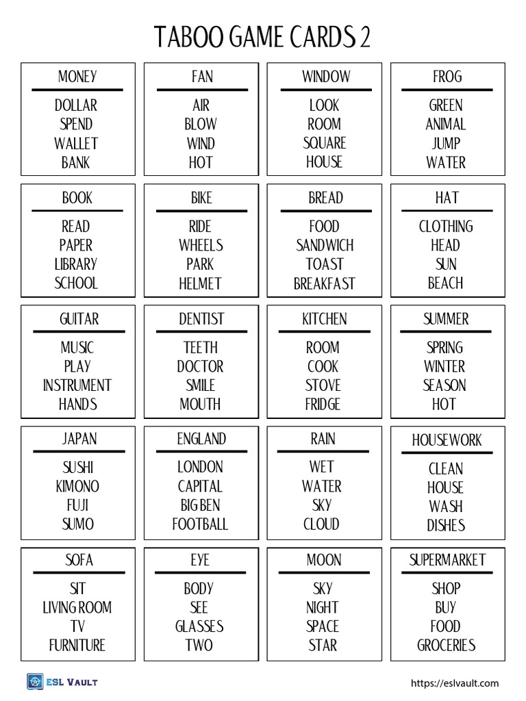 Free Printable Taboo Game Cards | PDF