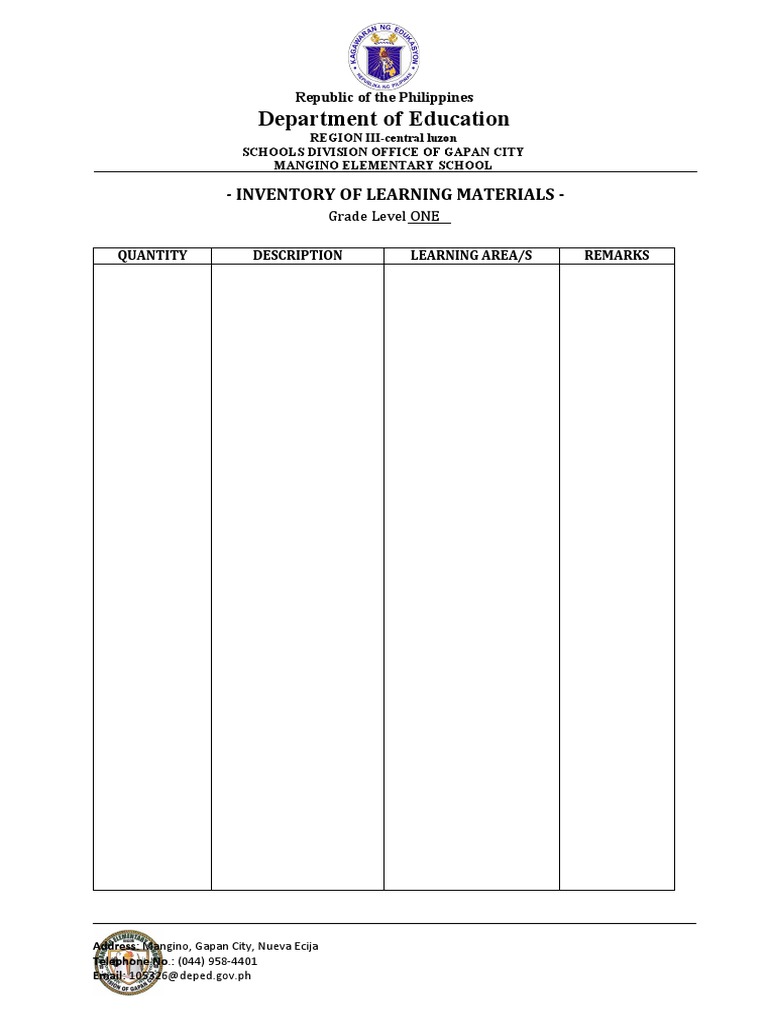 Grade 1 Learning Materials Inventory | PDF