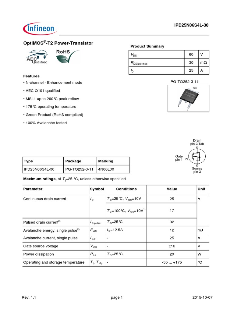 Infineon IPD25N06S4L 30 DS v01 - 01 EN | PDF | Field Effect Transistor | Diode